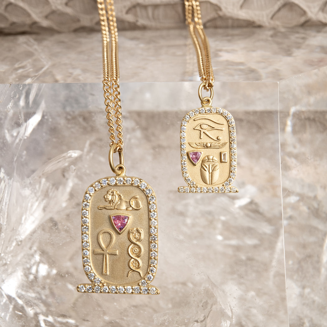 PAVE PINK SAPPHIRE TRILLION + BAGUETTE DIAMOND CARTOUCHE CHARM ...